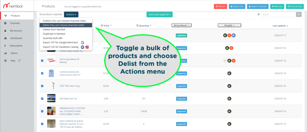 Delete, delist, export your products via CSV on Nembol