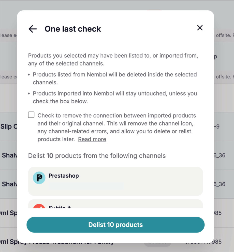 Delete, delist, export your products via CSV on Nembol